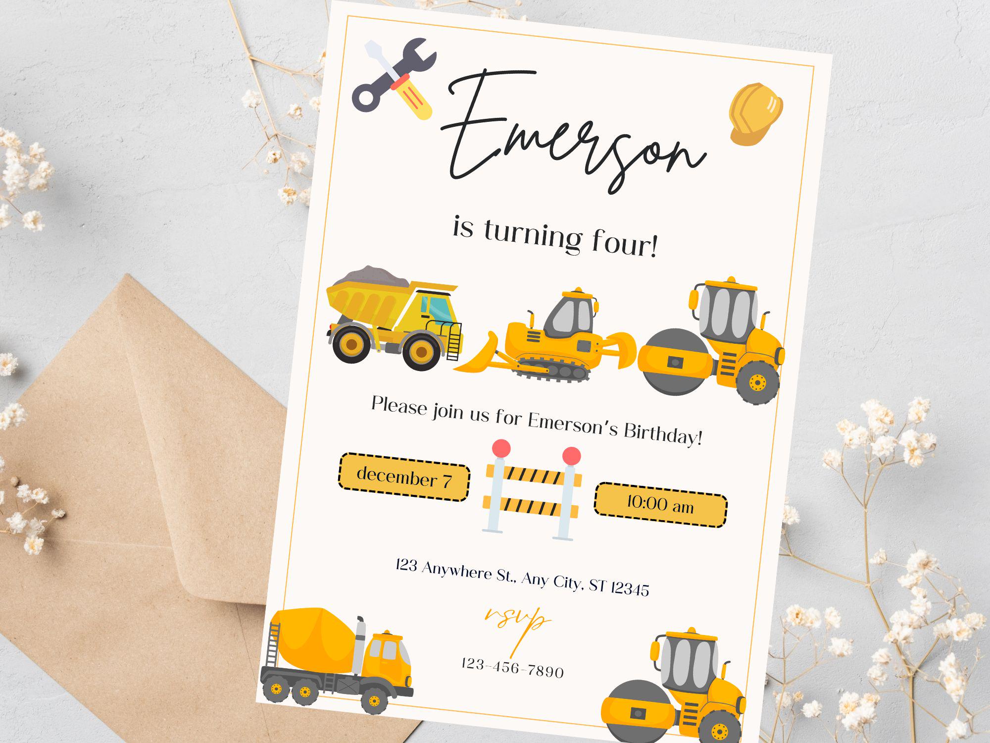 Editable Construction Vehicles Party Digital Invitation Printable ...