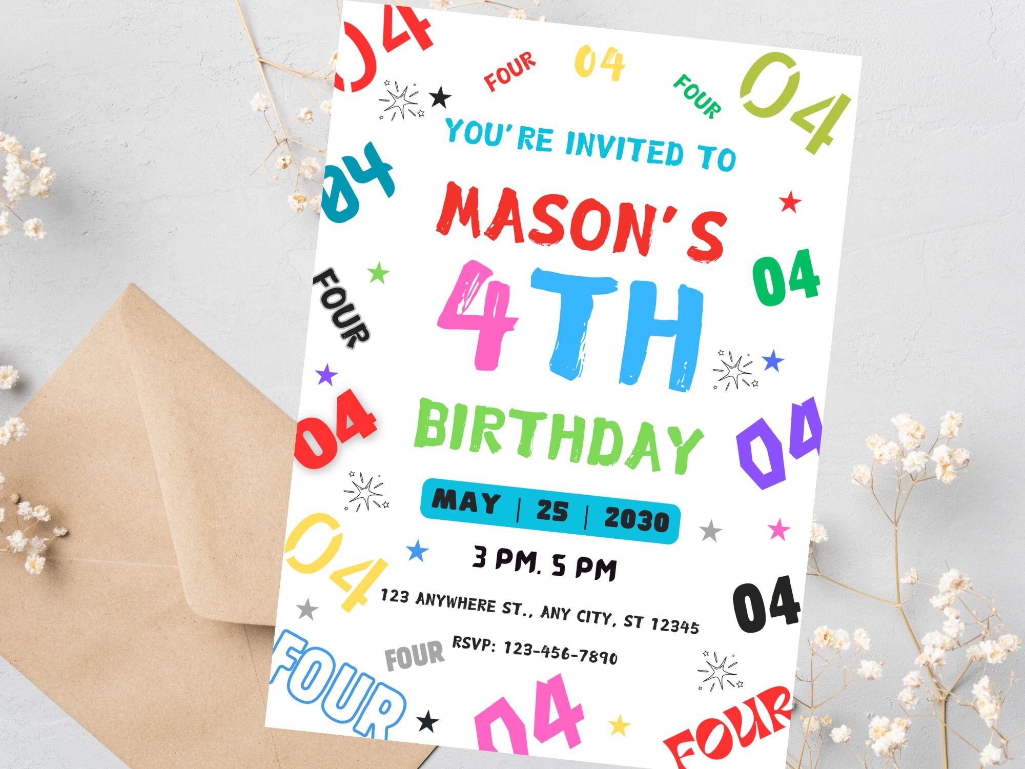 4th Birthday Invitation, 4th Birthday Party Invite, Instant Download ...