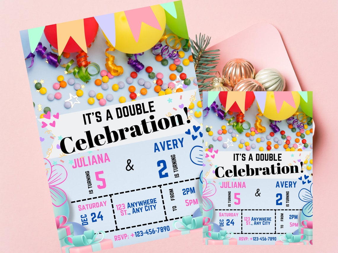 Editable Double Birthday Celebration, Colorful Birthday Balloons ...