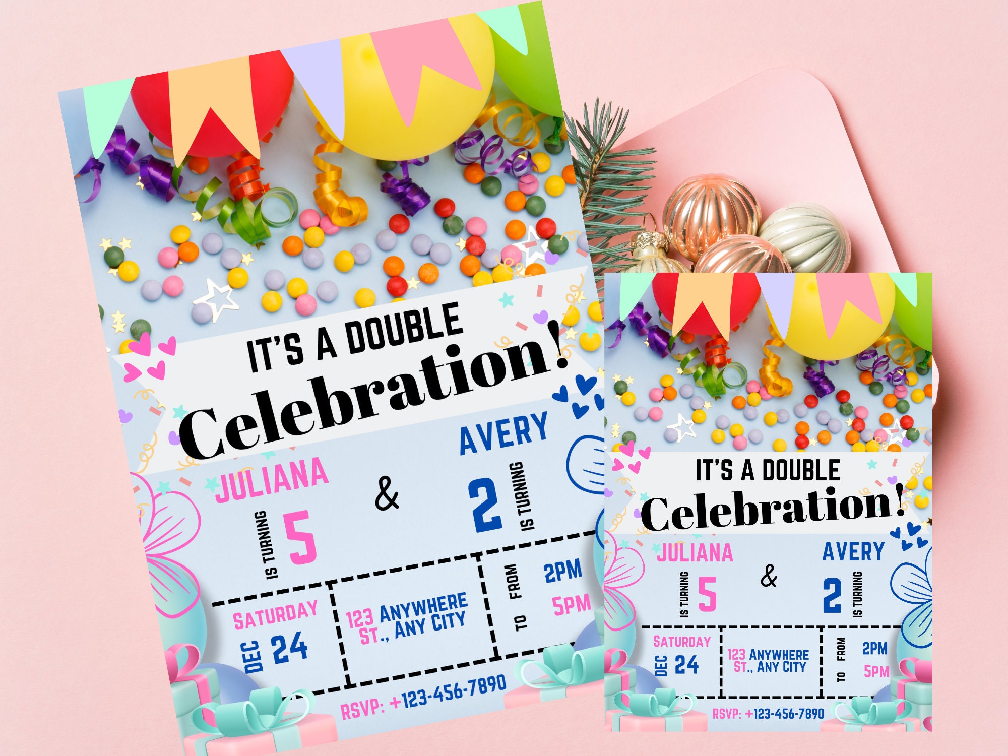 Editable Double Birthday Celebration, Colorful Birthday Balloons ...