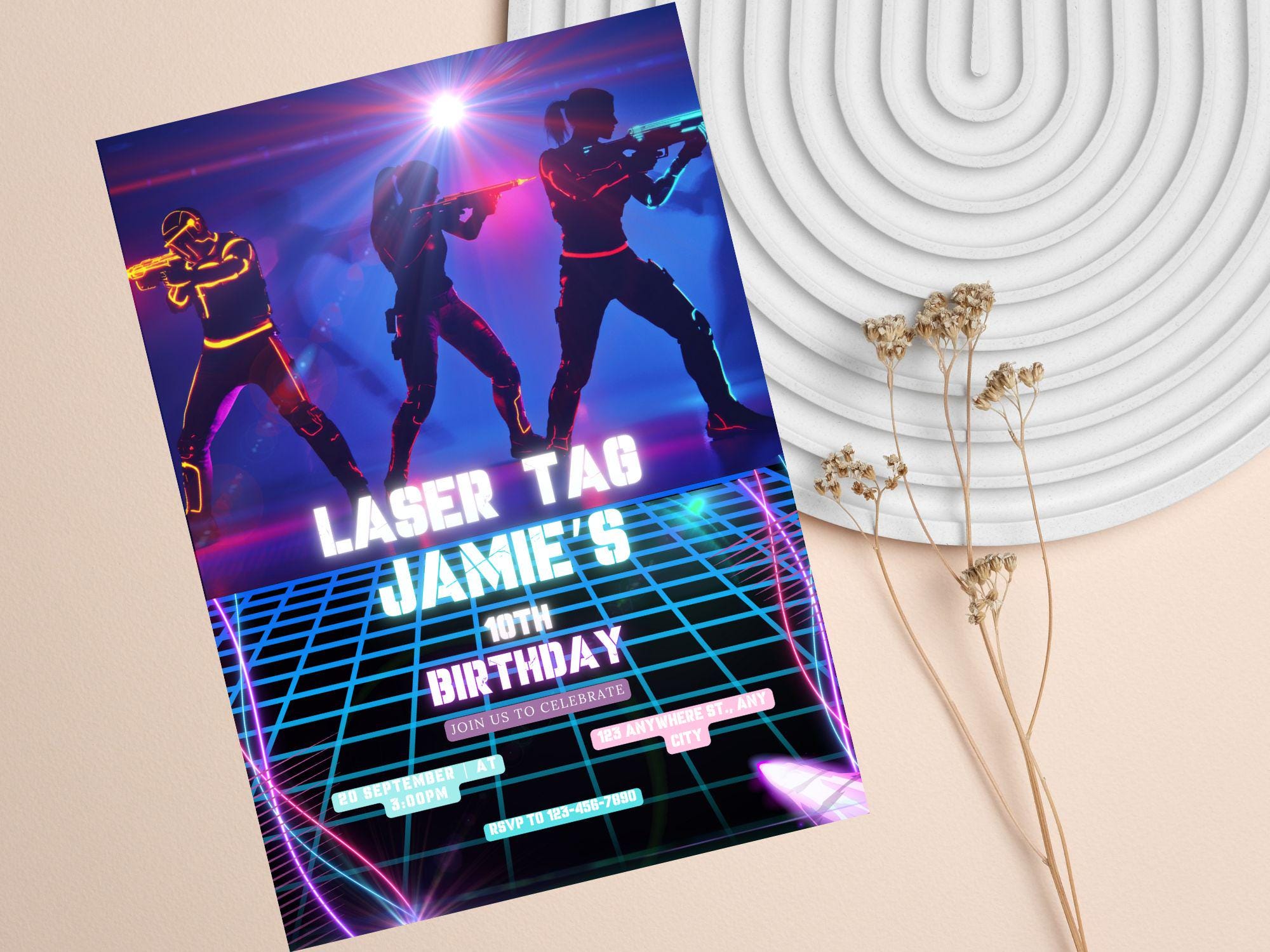 Editable Laser Tag Birthday Invitation, Laser Game Party Invite, Neon ...