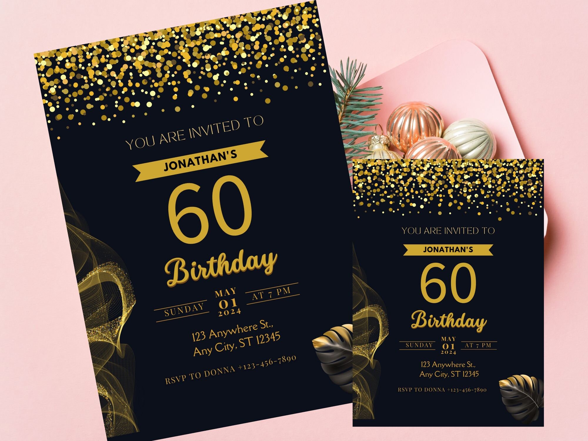 Editable 60th Invitation 60th Birthday Invitation Template, Gold 60th ...