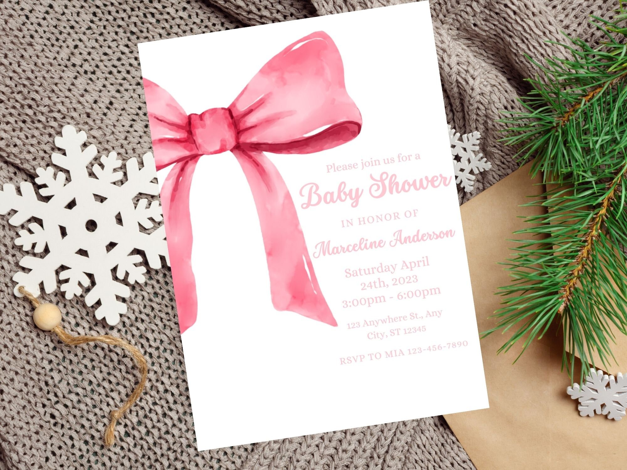 EDITABLE Pink Bow Invitation for Baby Shower Baby Shower or Sprinkle ...