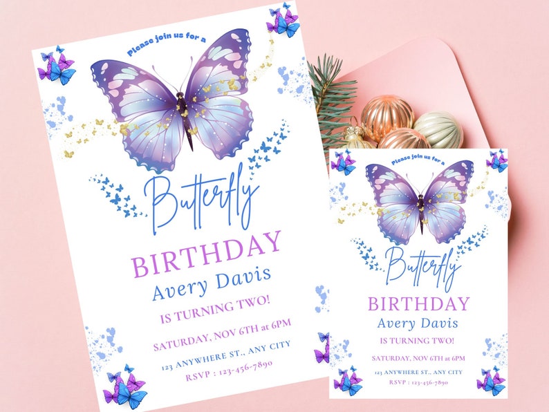 Editable Butterfly Birthday Invitation Purple Butterfly Butterfly ...