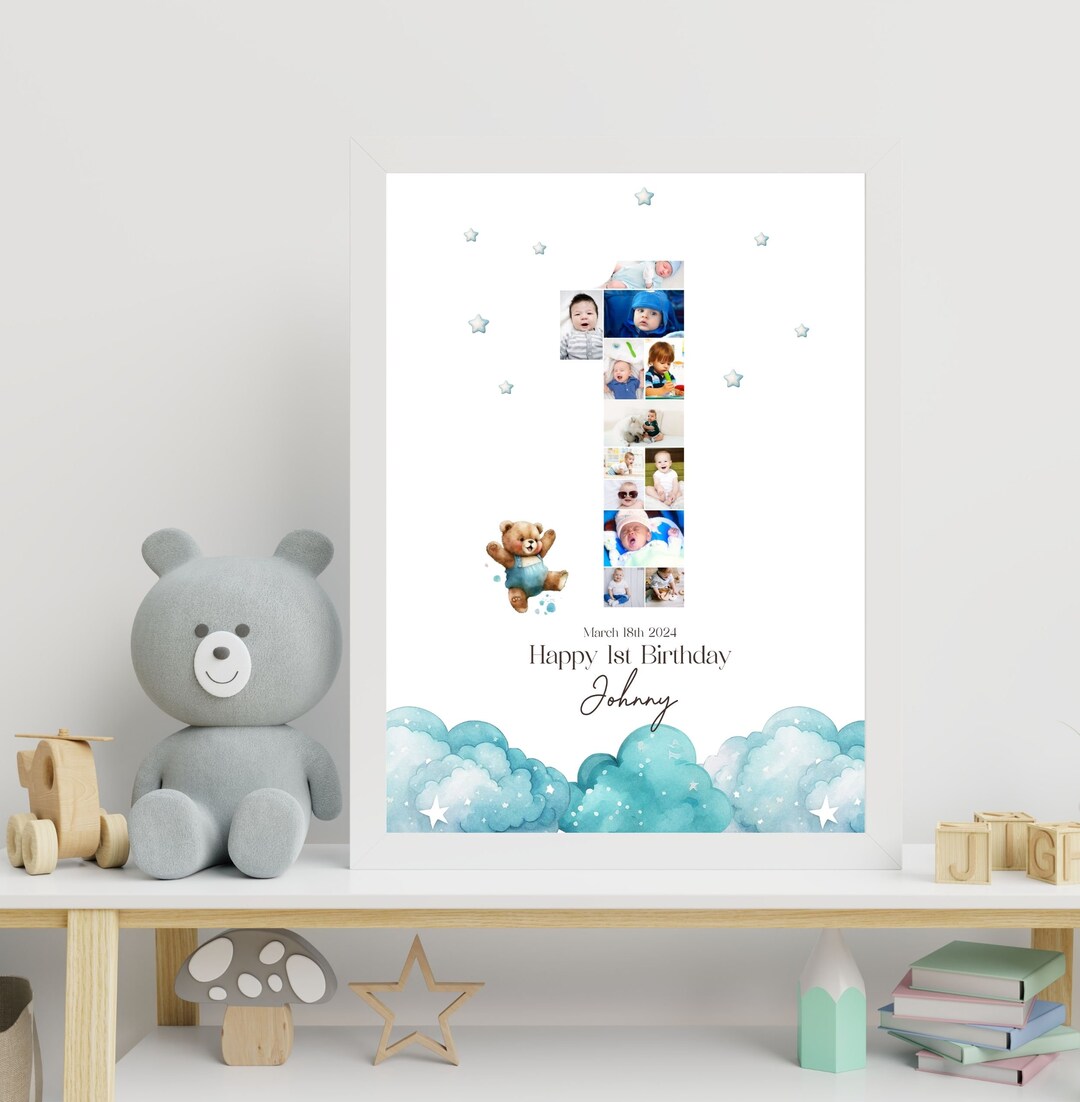 Blue Teddy Bear Boy Birthday Sign, 1st Birthday Number Photo Collage ...