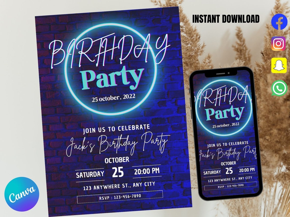 Neon Birthday Invitation Glow Blue Birthday Invitation 10th - Etsy