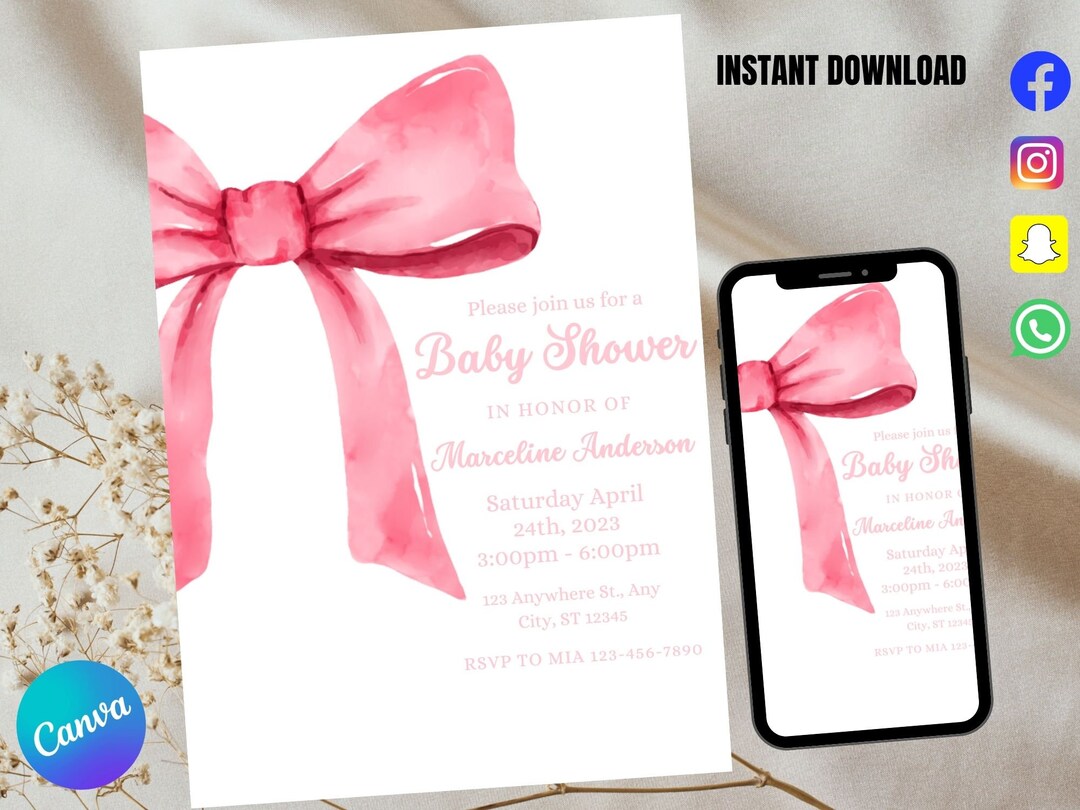 EDITABLE Pink Bow Invitation for Baby Shower Baby Shower or Sprinkle ...