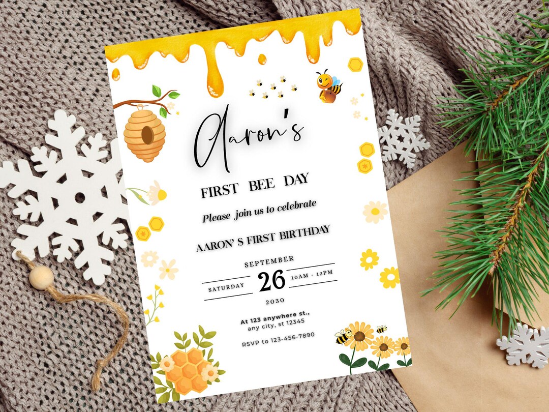 Editable Bee-themed First Birthday Invitation | Cute 'bee Day' Party ...