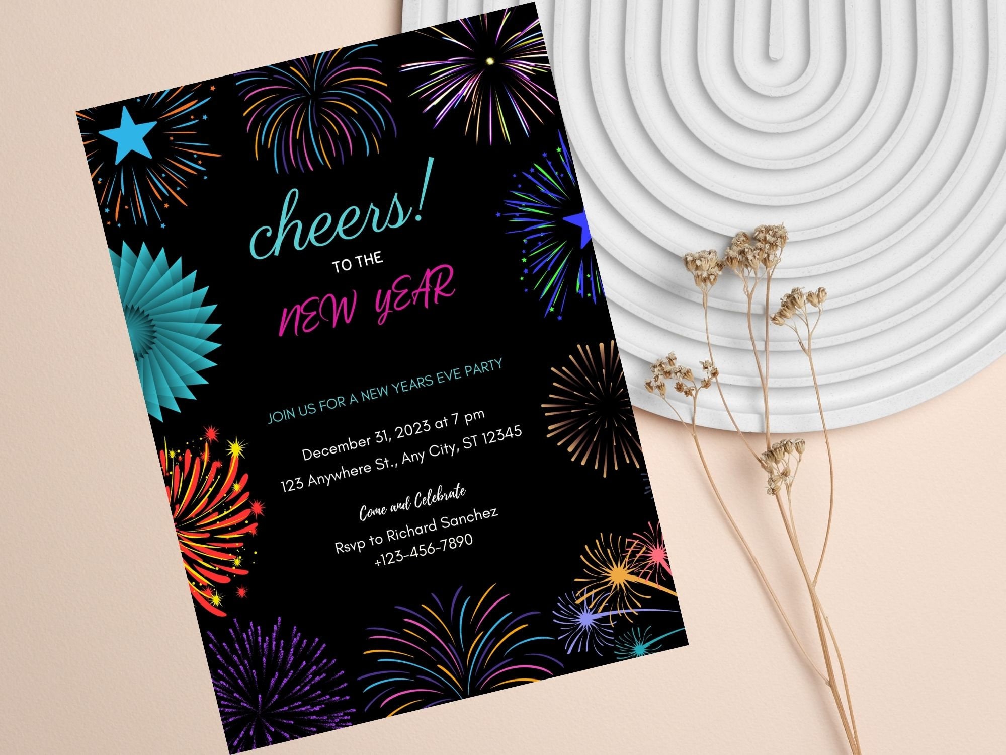 Editable NYE Fireworks Party Invitation Template, Cheers to the New ...