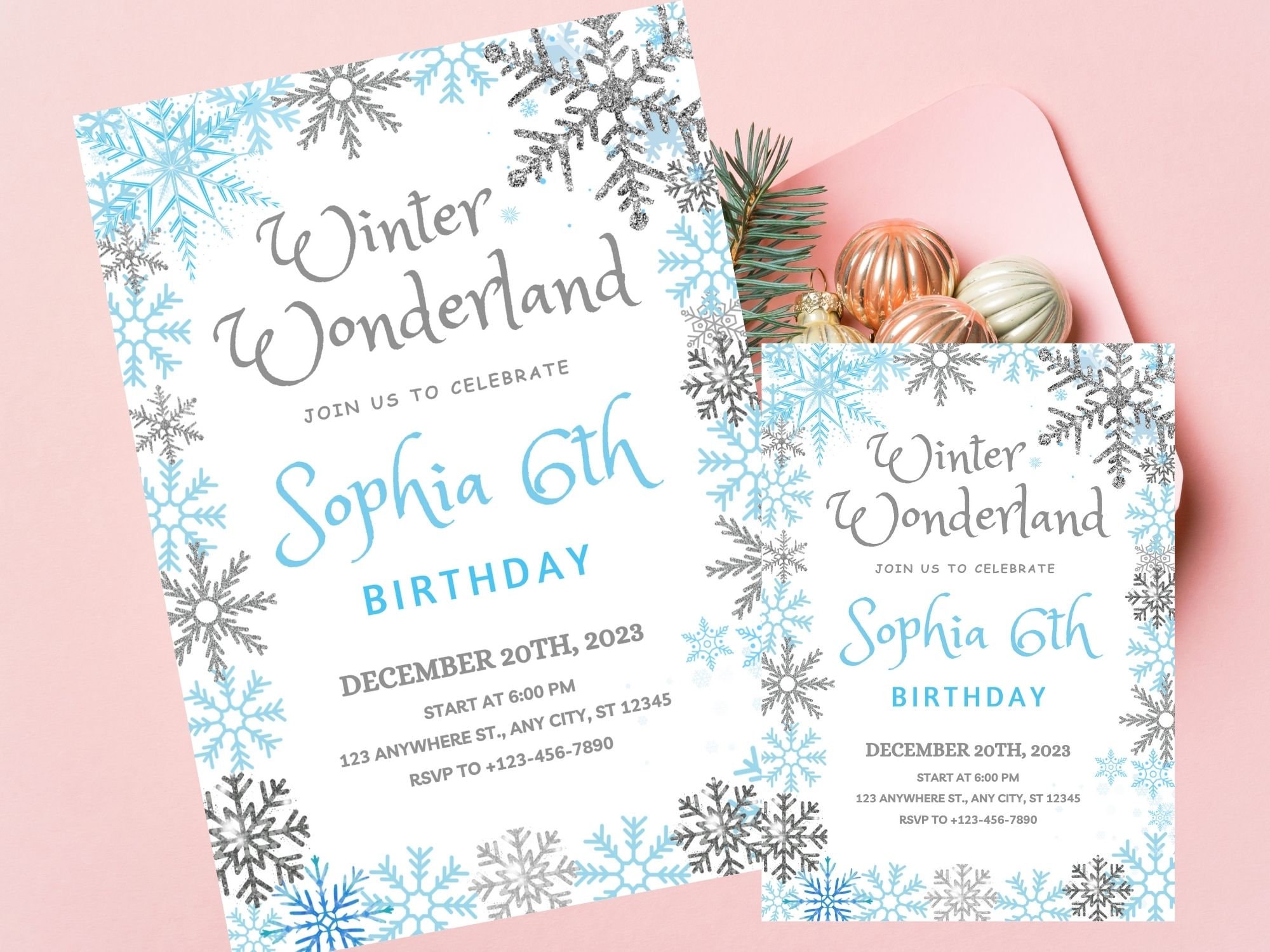 Snowflakes Birthday Invitation Girl Editable Template, Winter ...