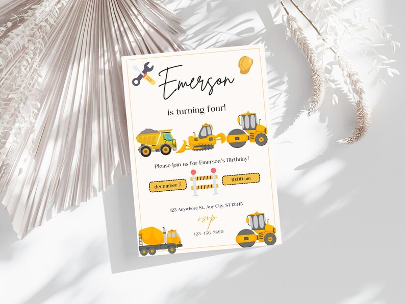 Editable Construction Vehicles Party Digital Invitation Printable ...