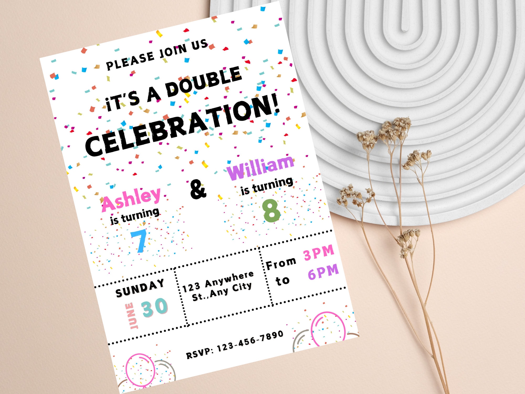 Editable Joint Birthday Party Invitation Template, Sibling Birthday ...