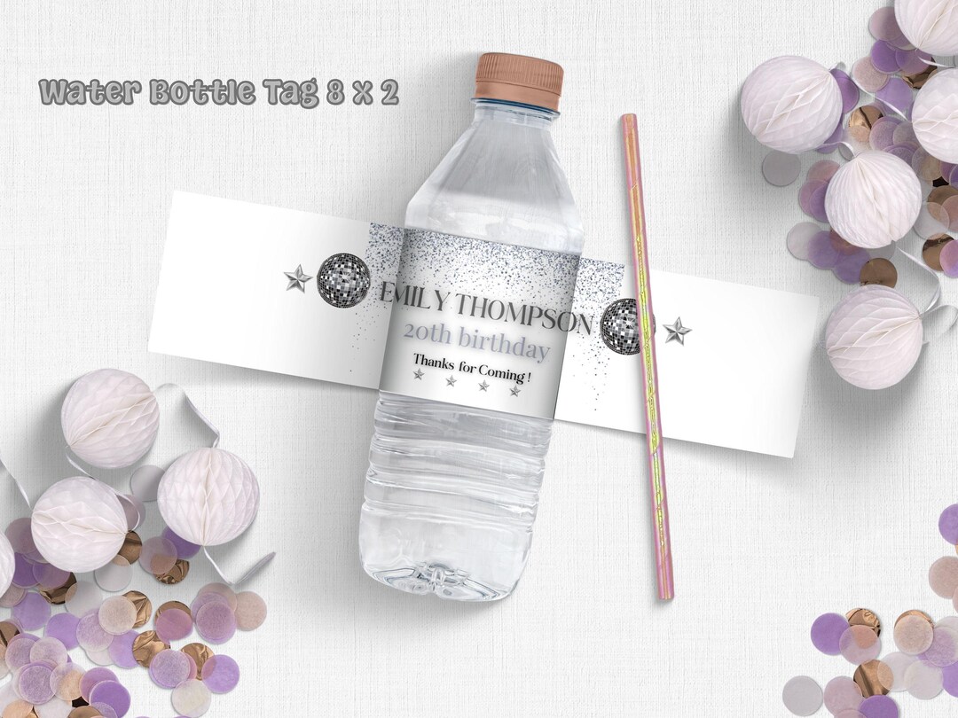 Editable Disco Party Water Bottle Labels | 8x2 Inch Template | Silver ...