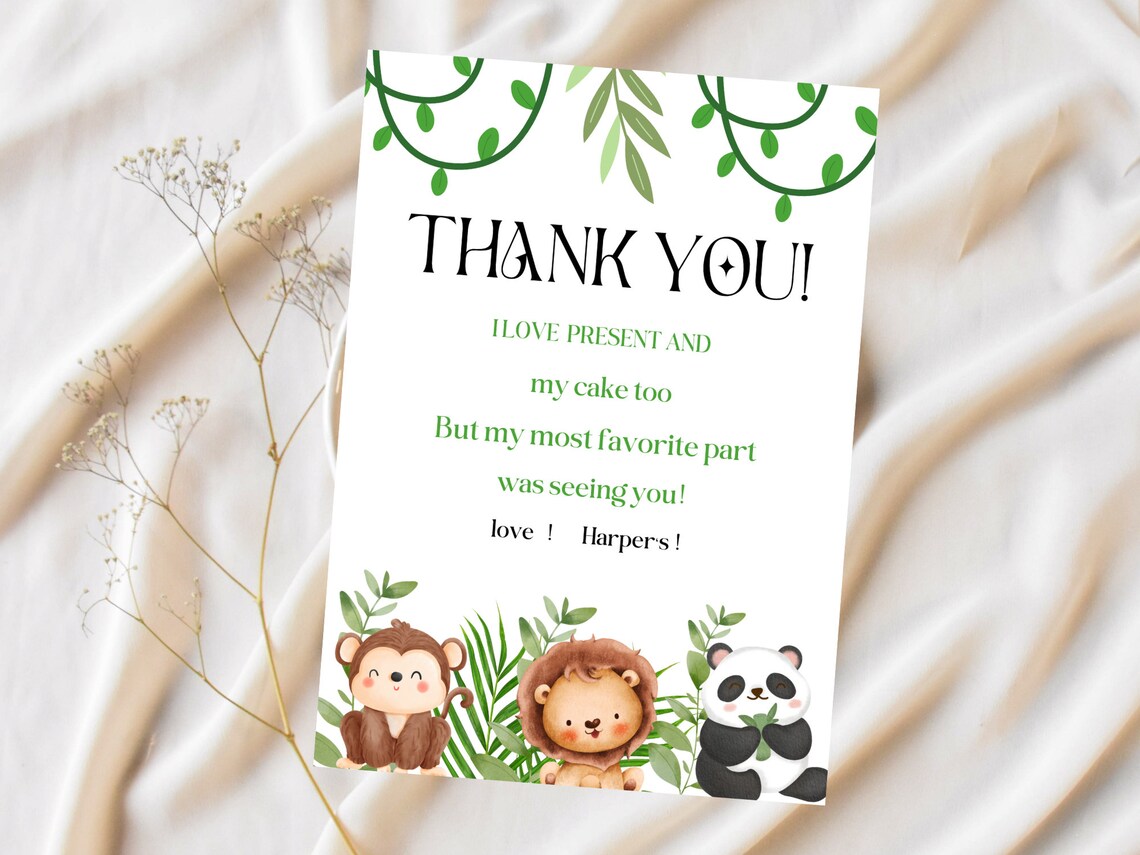 EDITABLE Safari Birthday Thank You Card 5" X 7", Wild One Thank You ...