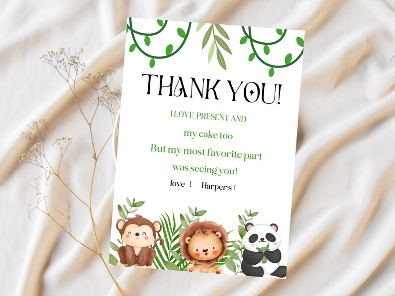 EDITABLE Safari Birthday Thank You Card 5" X 7", Wild One Thank You ...