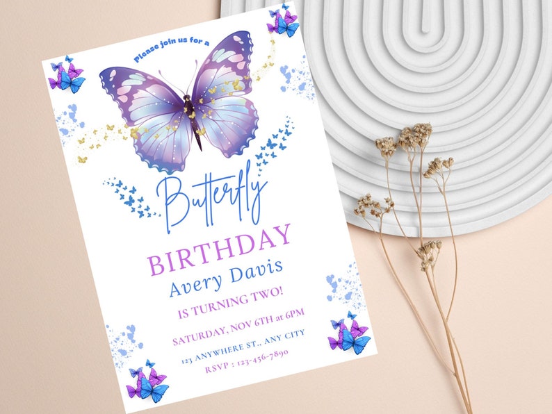 Editable Butterfly Birthday Invitation Purple Butterfly Butterfly ...