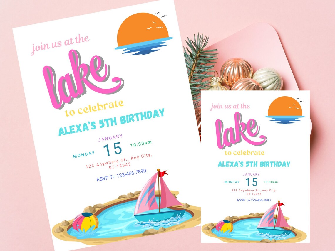 Lake Birthday Editable Invitation, Lake Theme Birthday Invite, Summer ...