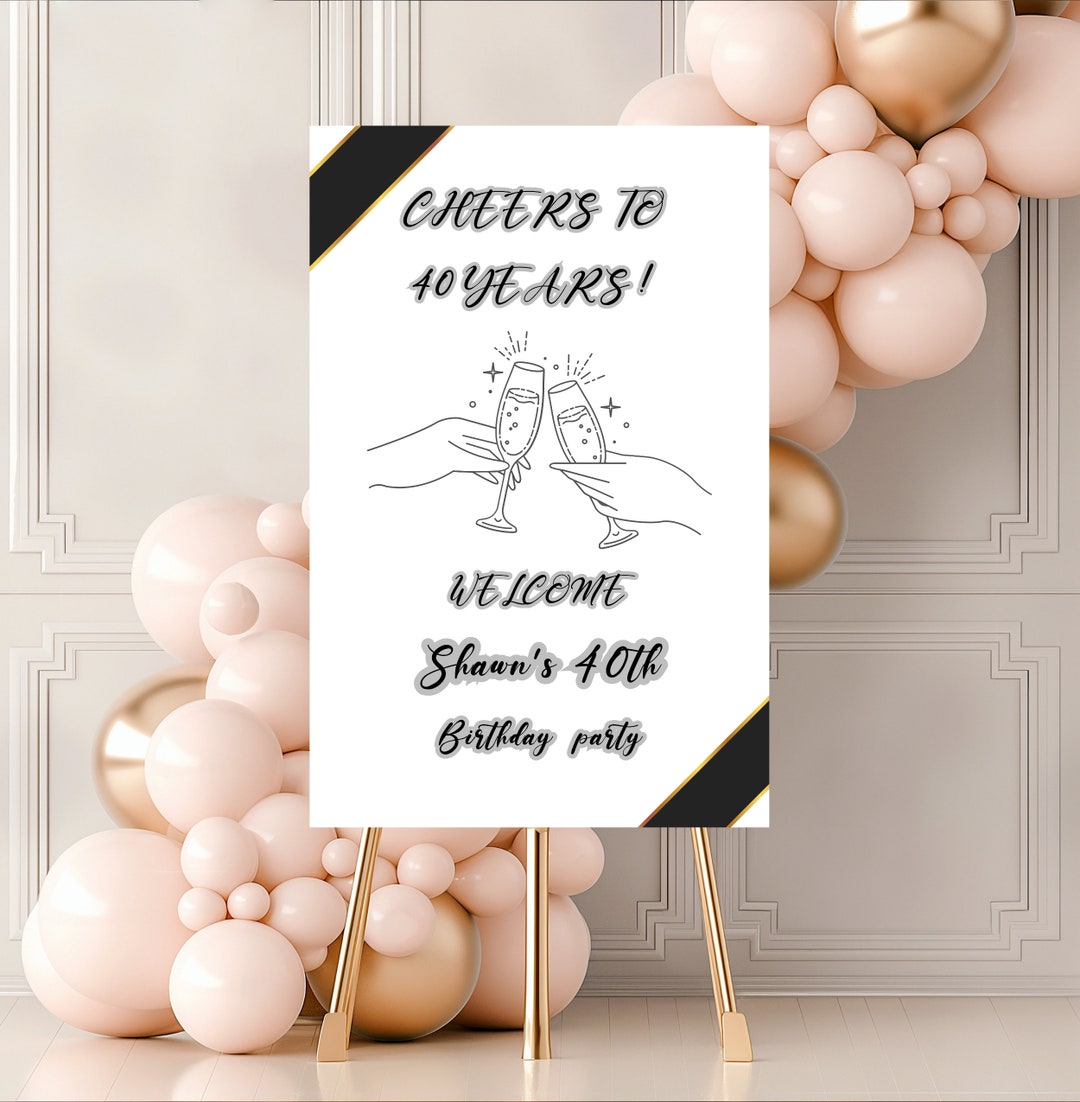 Cheers to 40 Years Welcome Sign, Illustrated 40th Birthday Invitation ...