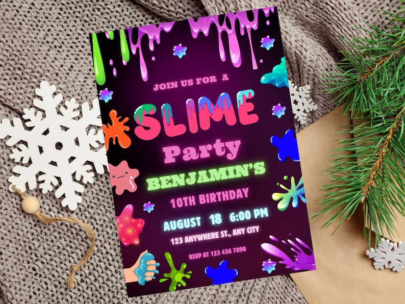 Editable Slime Birthday Invitation, Slime Evite, Time for Slime, Neon ...