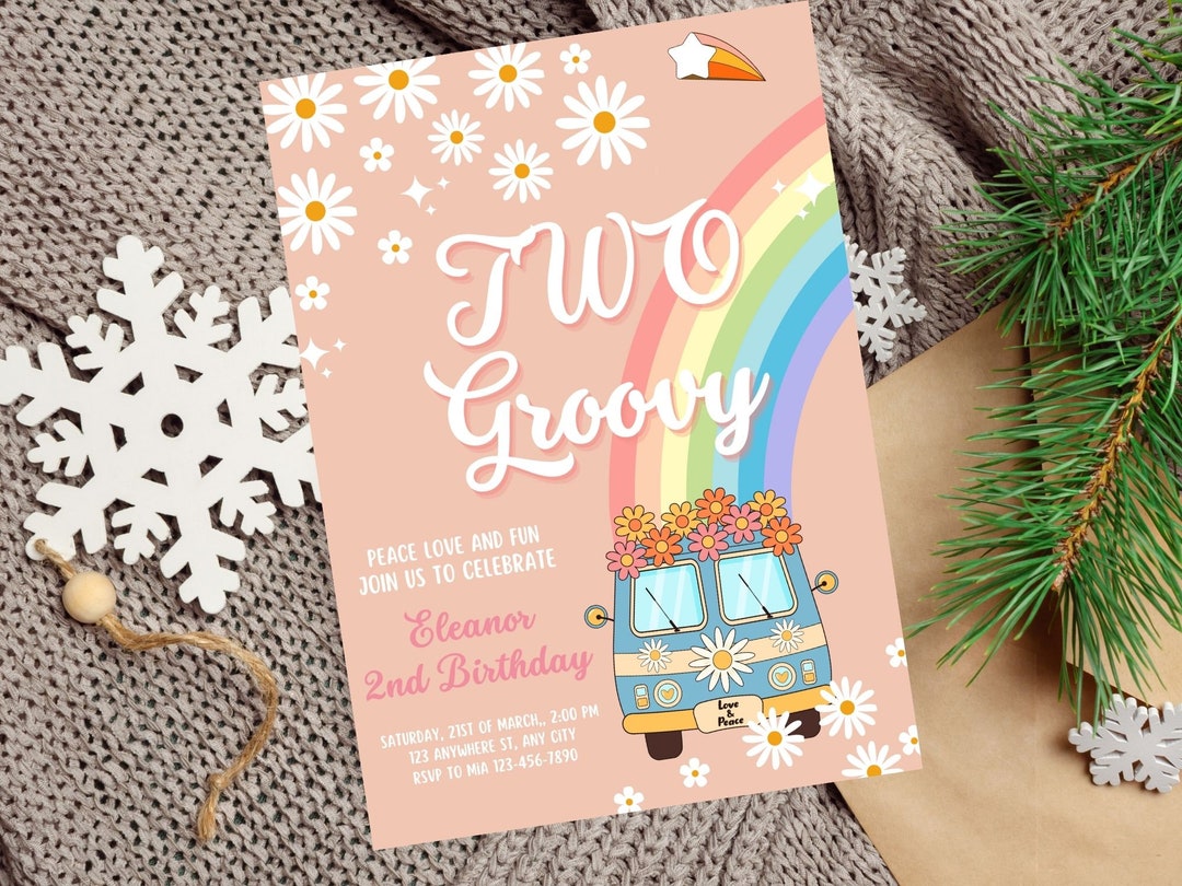 Editable TWO Groovy Girl Pink Peach Rainbow Let's Get Groovy Birthday ...