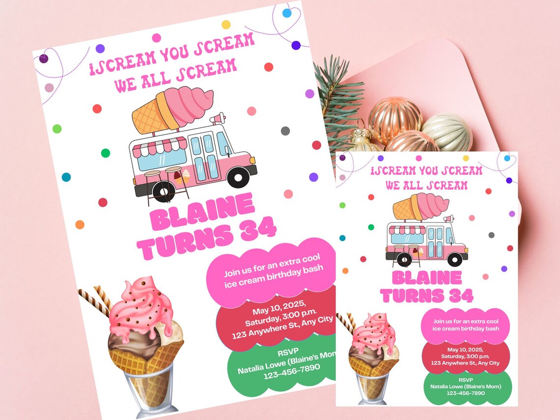 Editable Ice Cream Truck Birthday Invitation, I Scream You Scream We ...