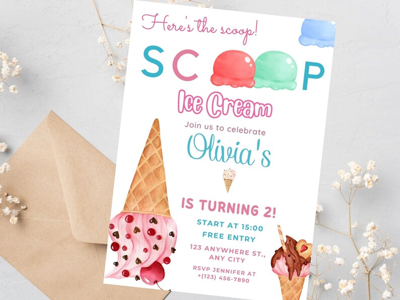 Editable Ice Cream Birthday Invitation, Ice Cream Party Template, Here ...