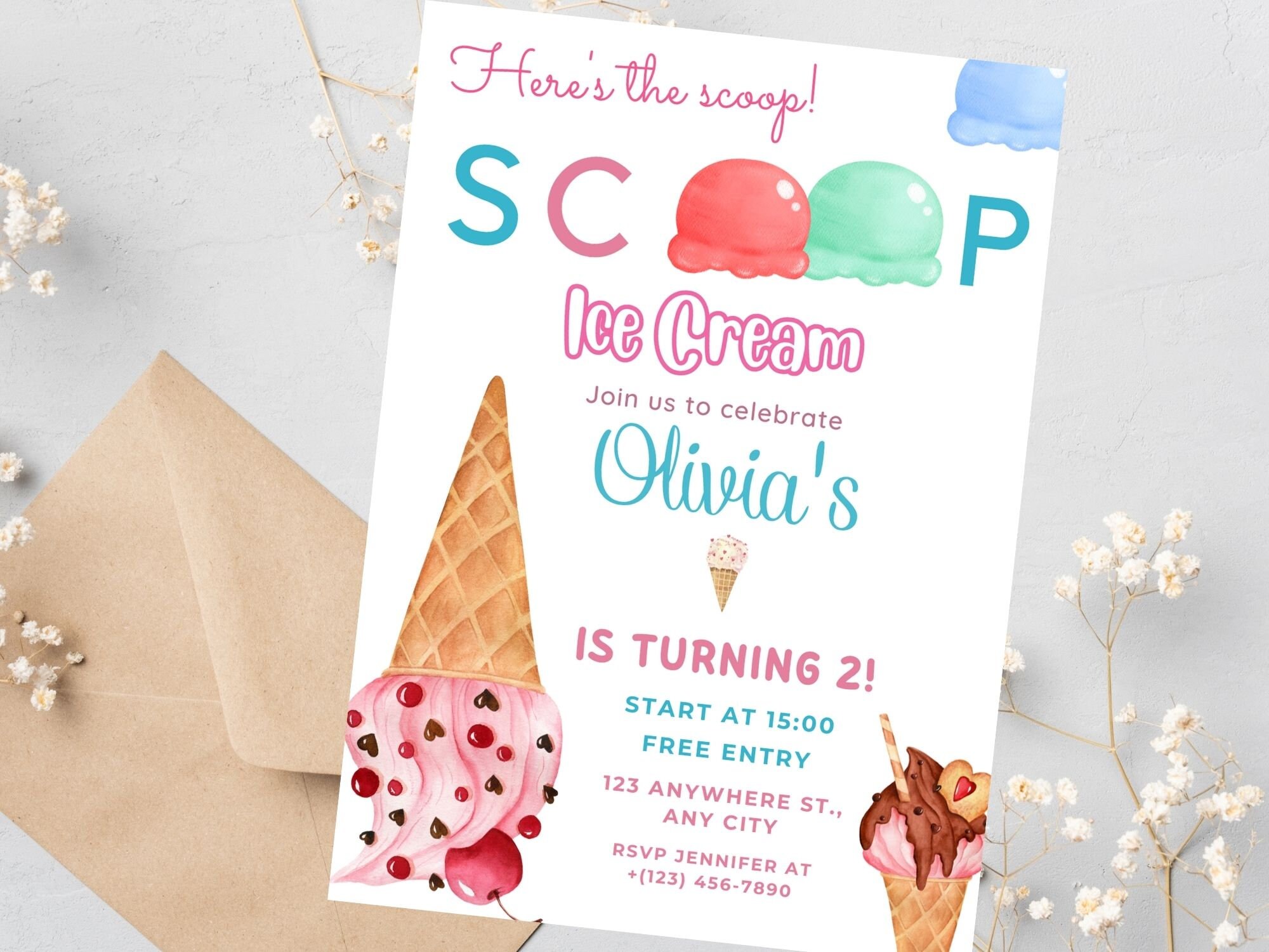Editable Ice Cream Birthday Invitation, Ice Cream Party Template, Here ...