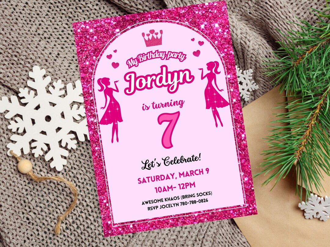 Pink Doll Birthday Party Invitation Pink Sparkle Invitation Glitter ...