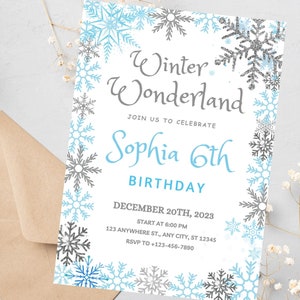 Snowflakes Birthday Invitation Girl Editable Template, Winter ...
