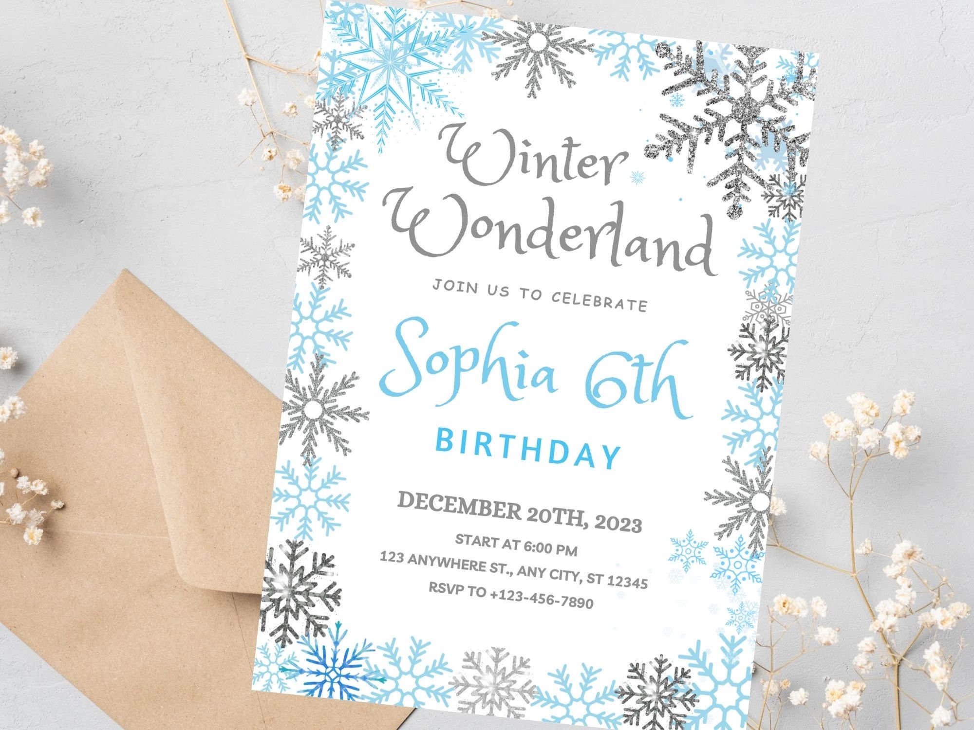 Snowflakes Birthday Invitation Girl Editable Template, Winter ...