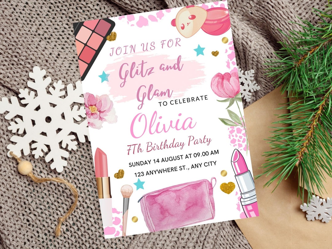 Editable Glitz and Glam Birthday, Party Invitation, Spa Party Makeup ...