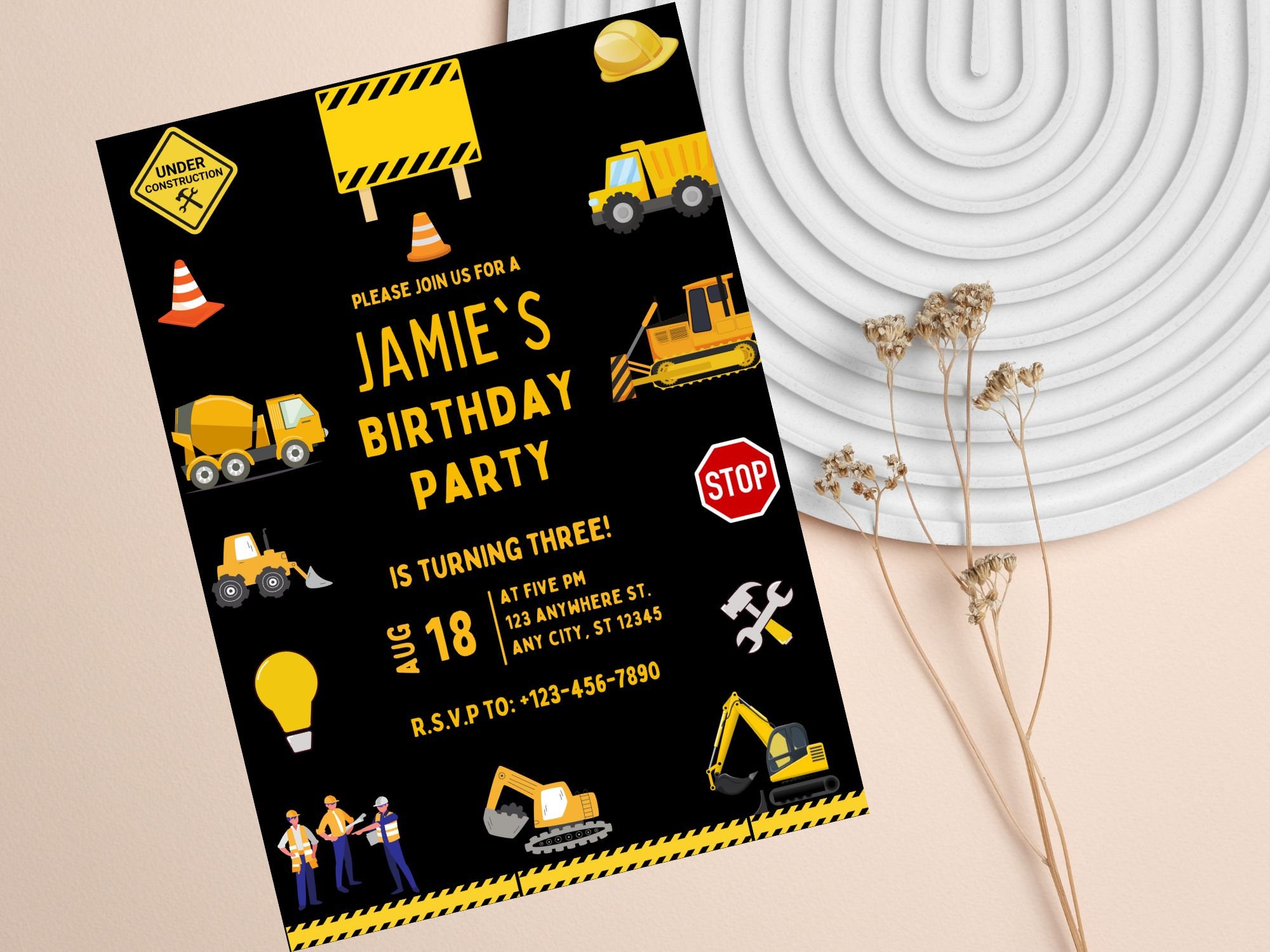Editable Construction Vehicles Party Digital Invitation Printable ...