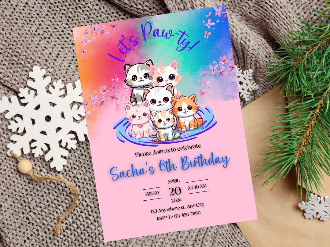 Editable Cat Theme Birthday Invitation, It's a Paw-ty Invitation ...