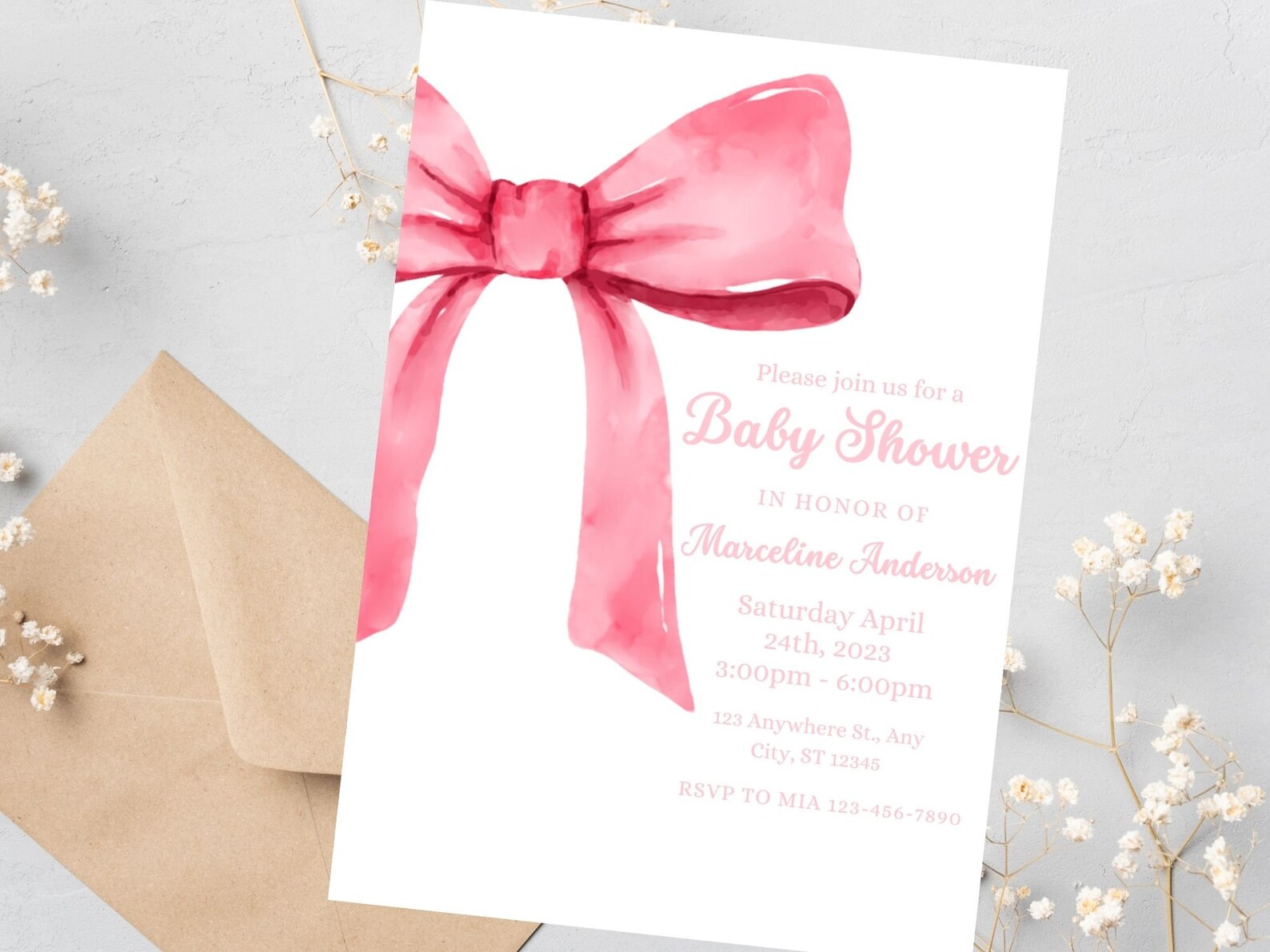 EDITABLE Pink Bow Invitation for Baby Shower Baby Shower or Sprinkle ...