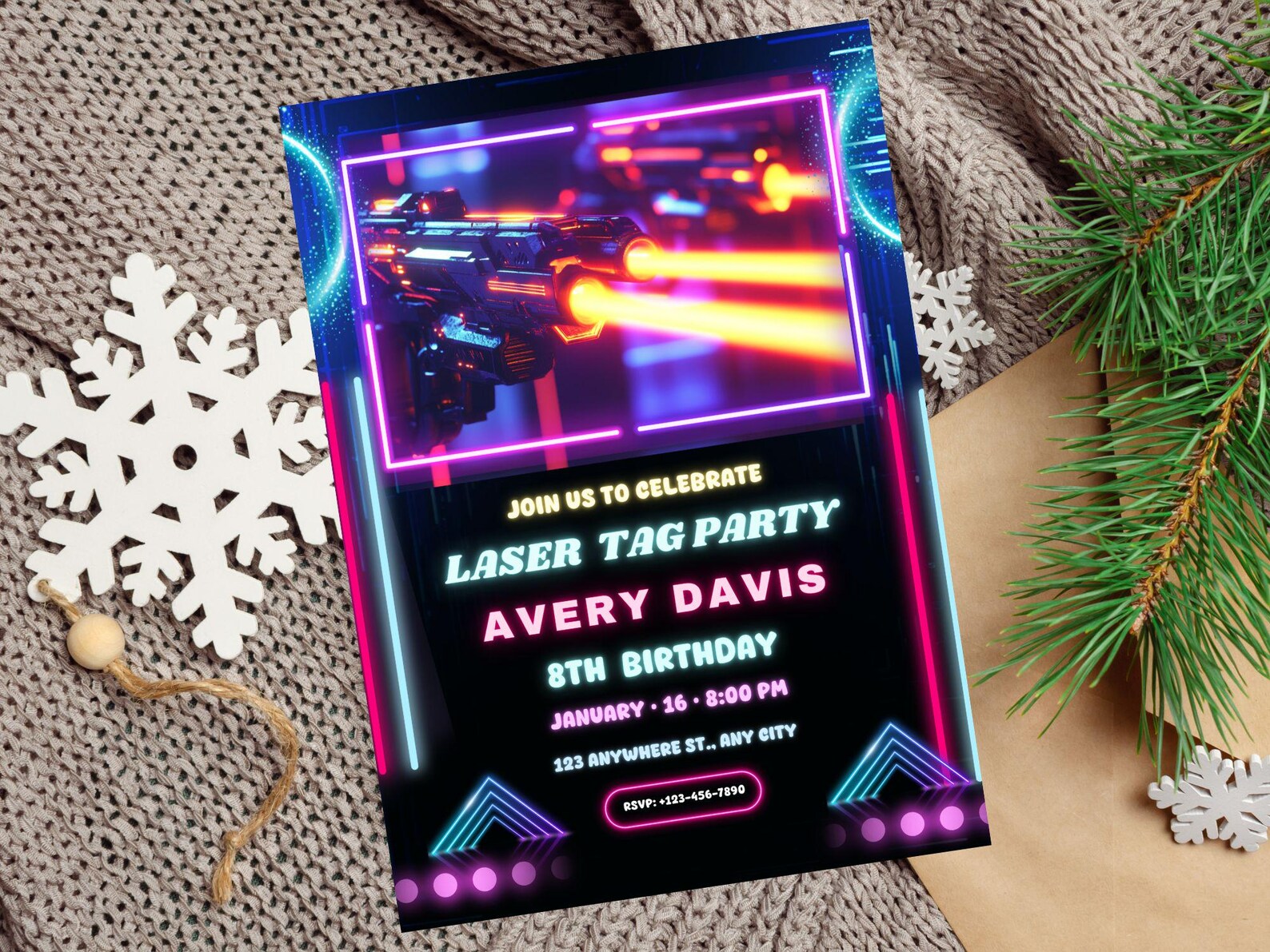 EDITABLE Laser Tag Birthday Invitation Template, Game Invite, Neon Glow ...