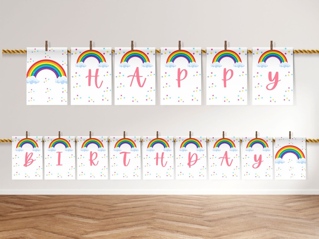 Editable Rainbow Birthday Banner 5"x7", Girl Birthday Colorful Rainbow ...