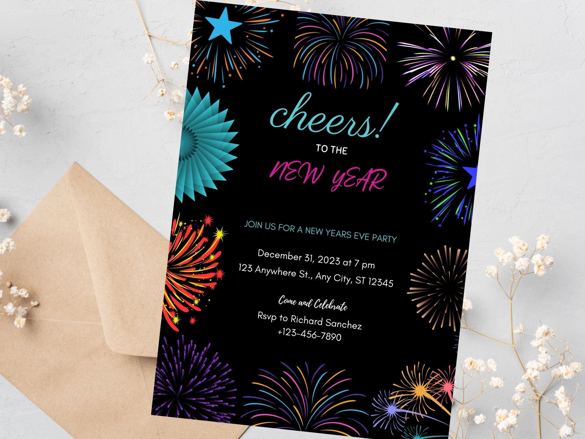 Editable NYE Fireworks Party Invitation Template, Cheers to the New ...