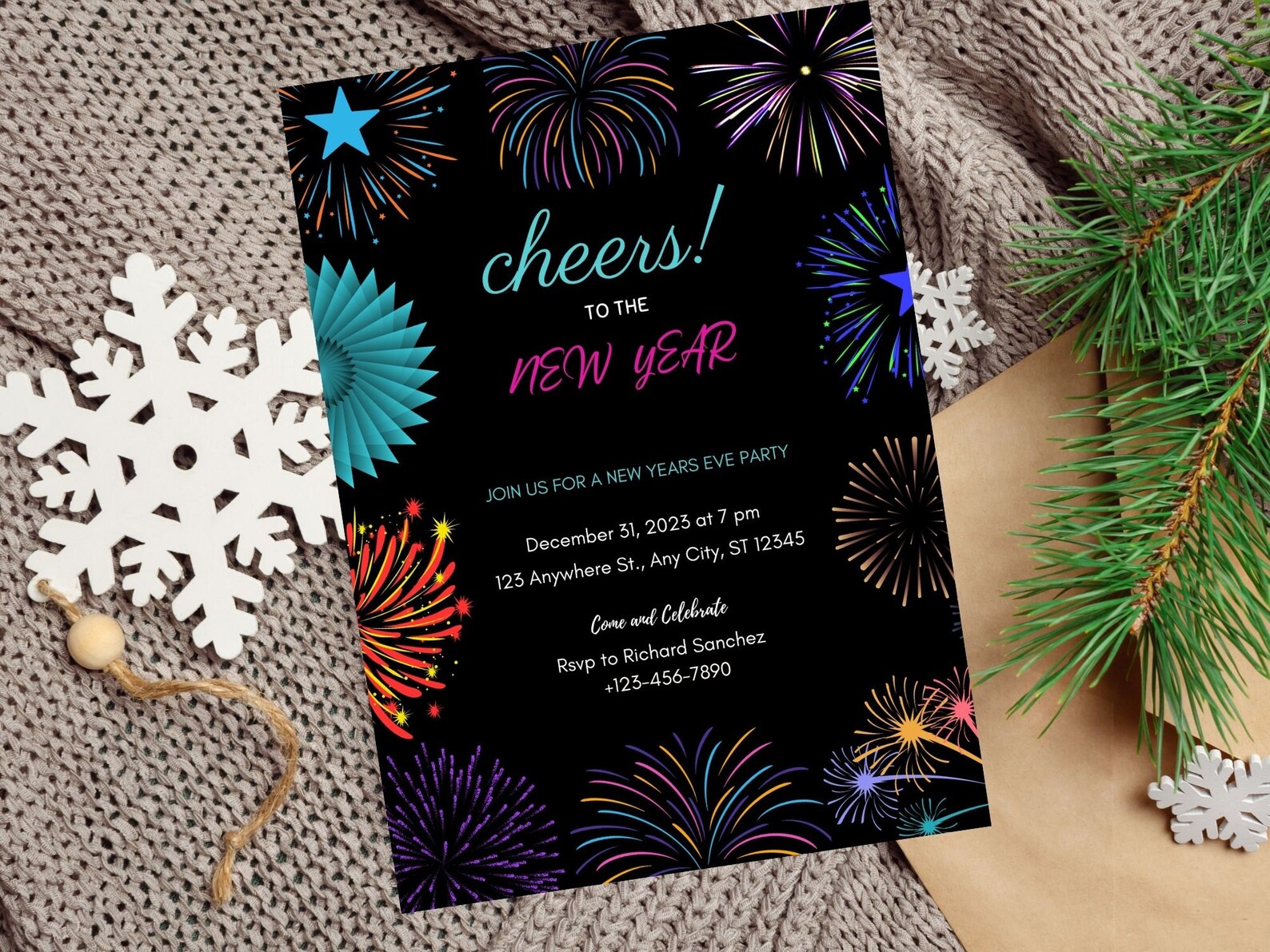 Editable NYE Fireworks Party Invitation Template, Cheers to the New ...