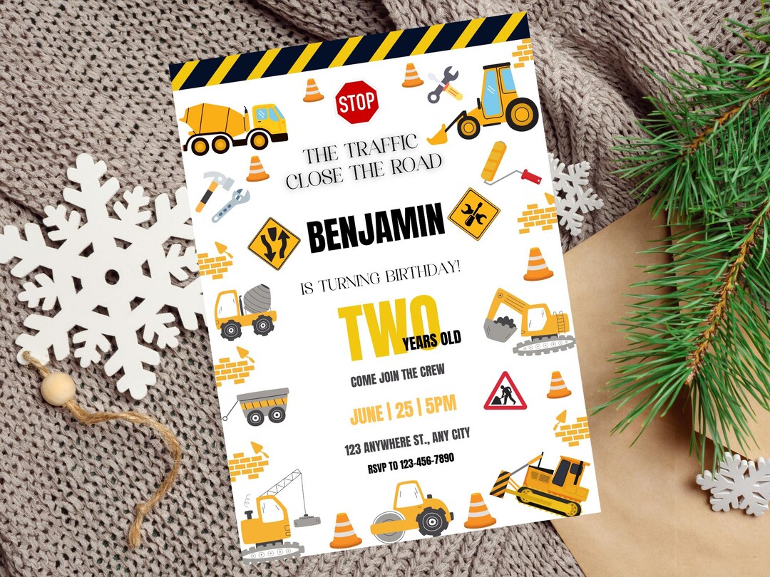 Editable Construction Vehicles Party Digital Invitation Printable ...