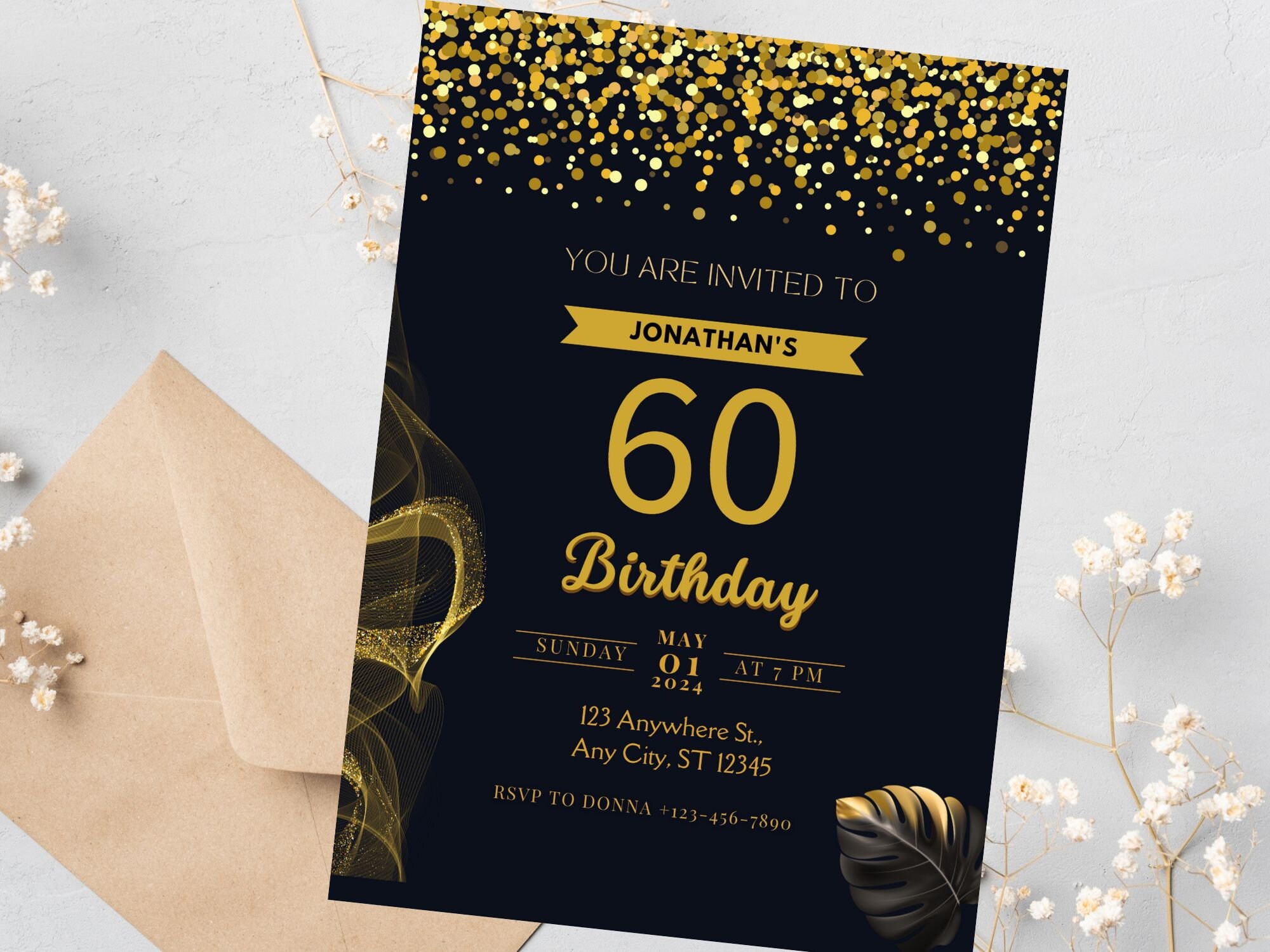 Editable 60th Invitation 60th Birthday Invitation Template, Gold 60th ...