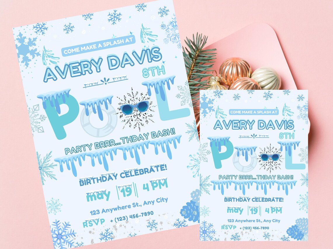 Winter Pool Party Invitation, Winter Party Invite, Editable Pool ...