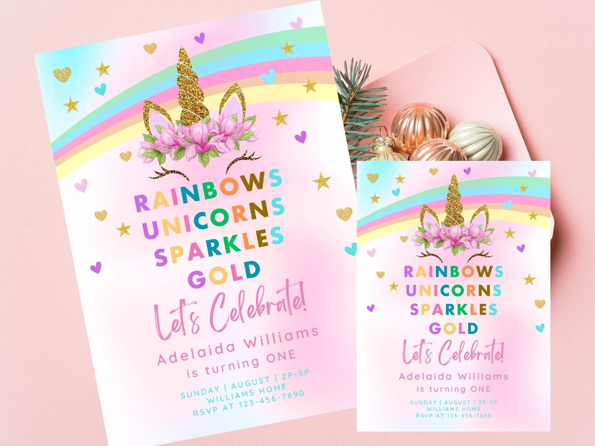 Editable Unicorn Rainbow Birthday Invitation Rainbows Sparkles and Gold ...