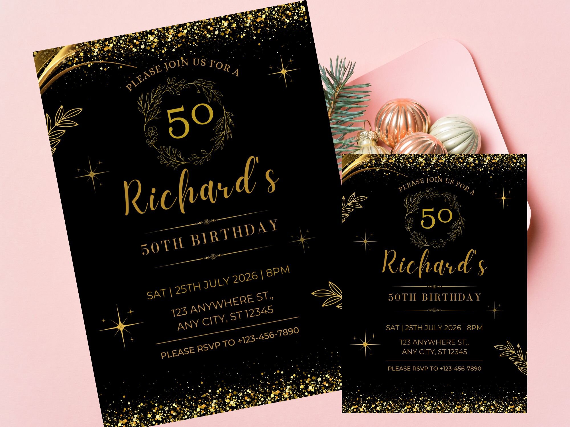 Editable 50th Birthday Invitation Glitter Gold Neon Birthday Party ...