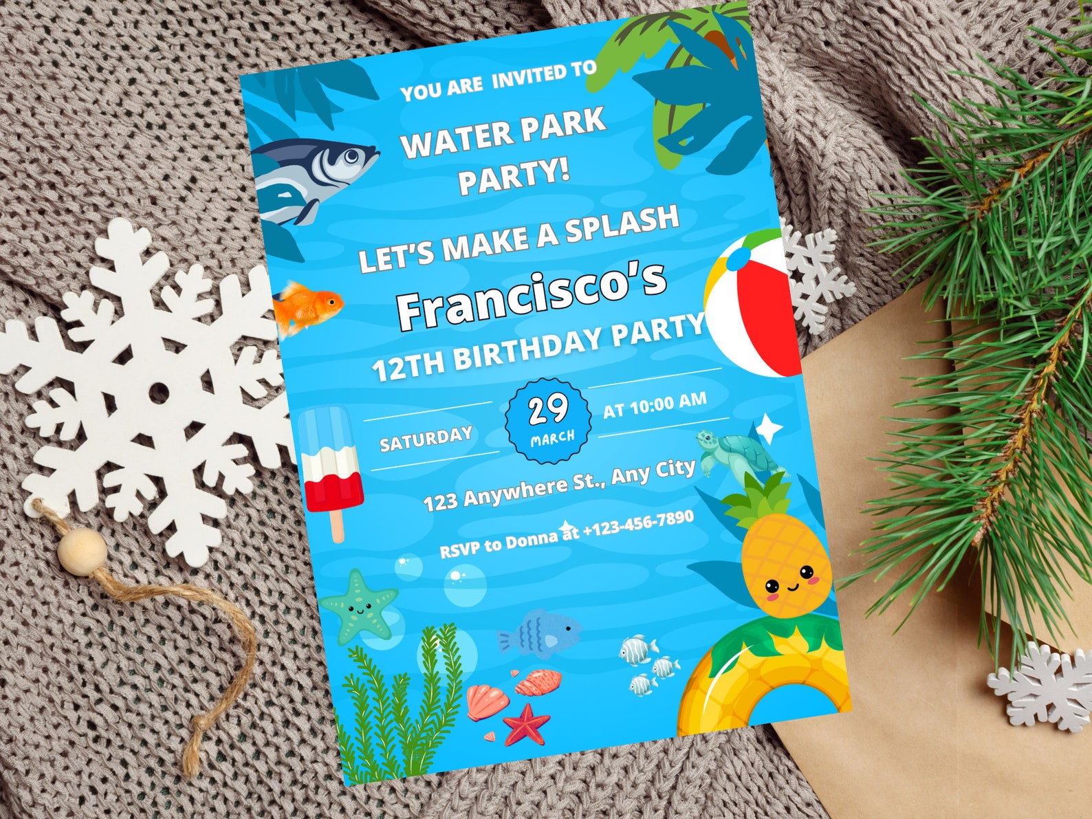 Editable Water Park Birthday Party Invitation, Shark and Pineapple ...