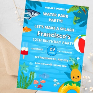 Editable Water Park Birthday Party Invitation, Shark and Pineapple ...