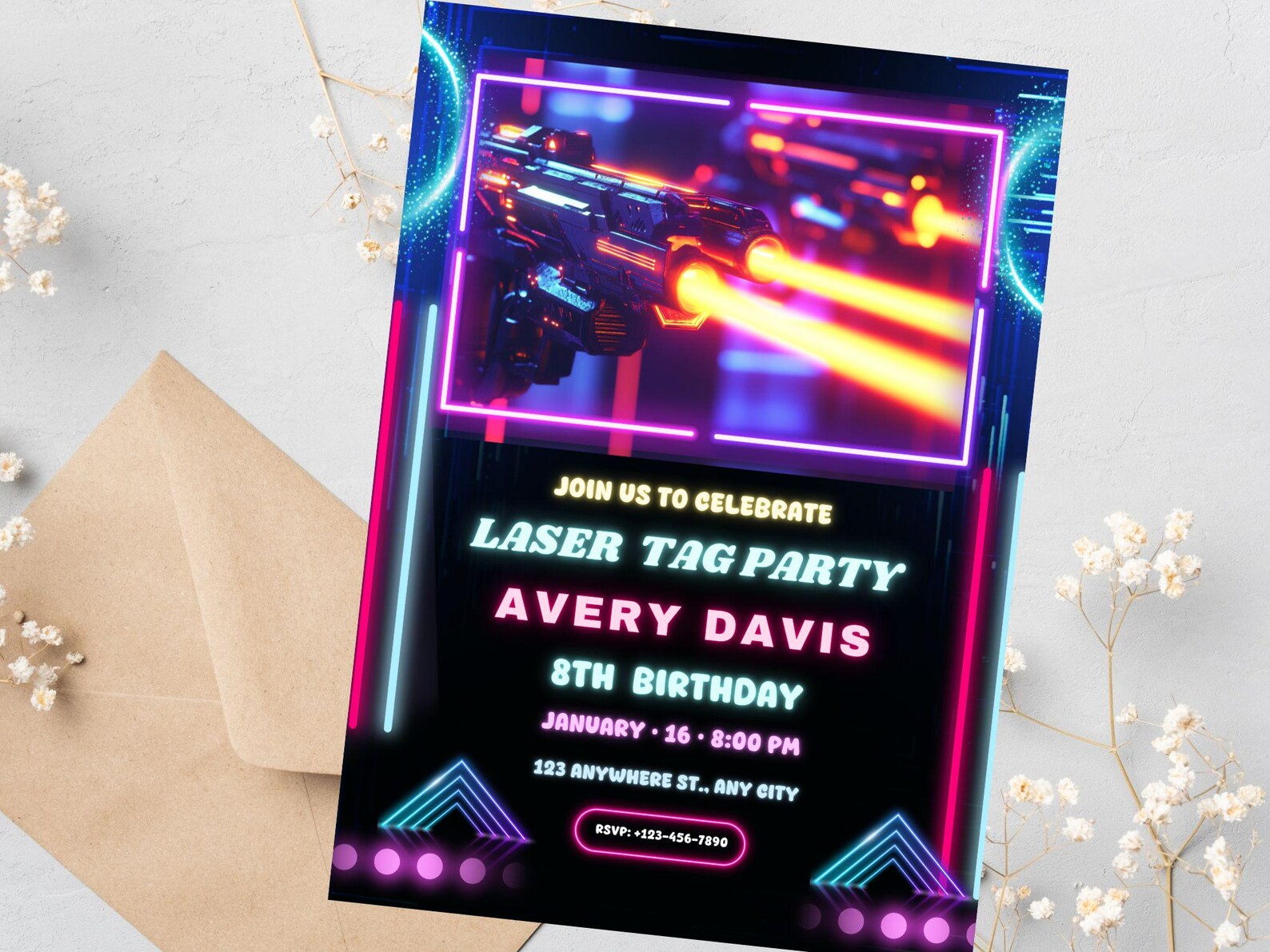 EDITABLE Laser Tag Birthday Invitation Template, Game Invite, Neon Glow ...