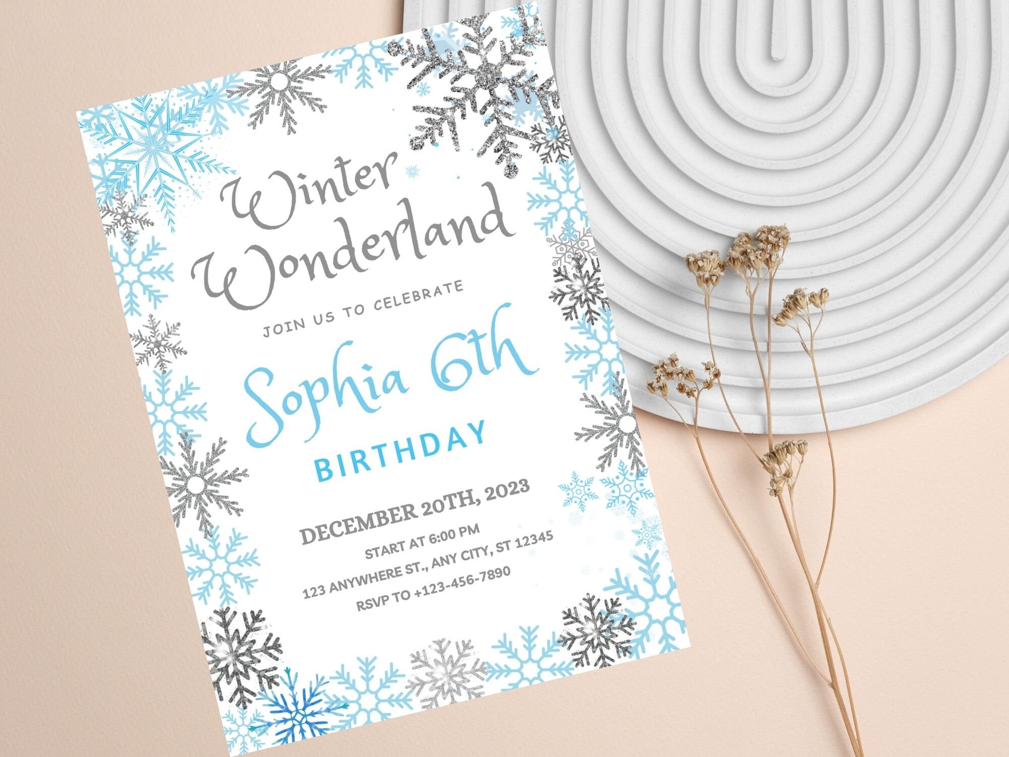 Snowflakes Birthday Invitation Girl Editable Template, Winter ...