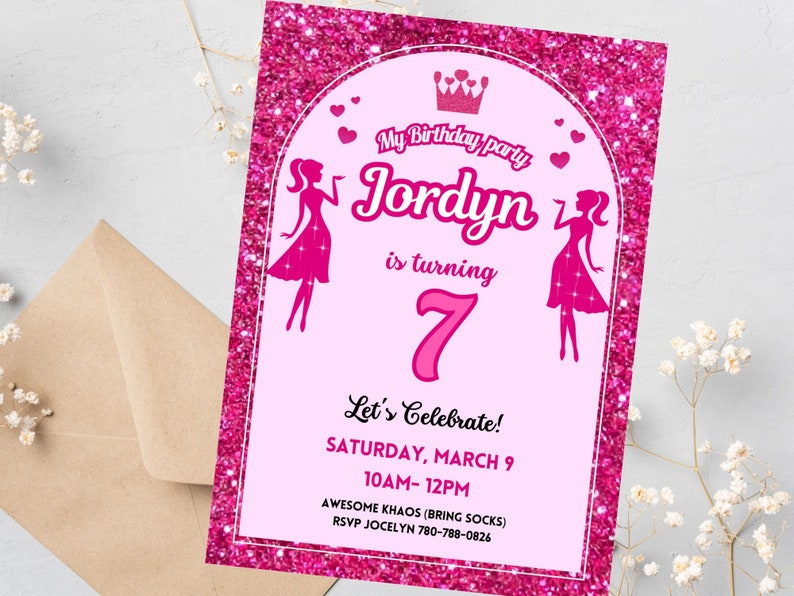 Pink Doll Birthday Party Invitation Pink Sparkle Invitation Glitter ...