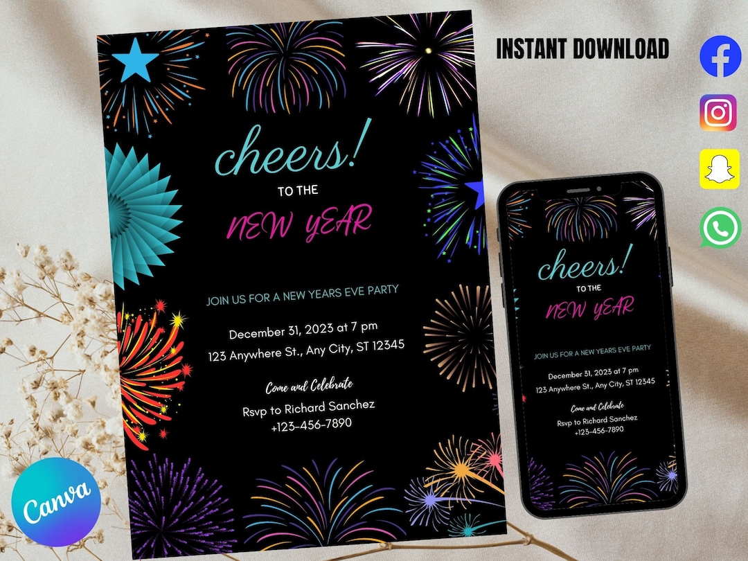 Editable NYE Fireworks Party Invitation Template, Cheers to the New ...