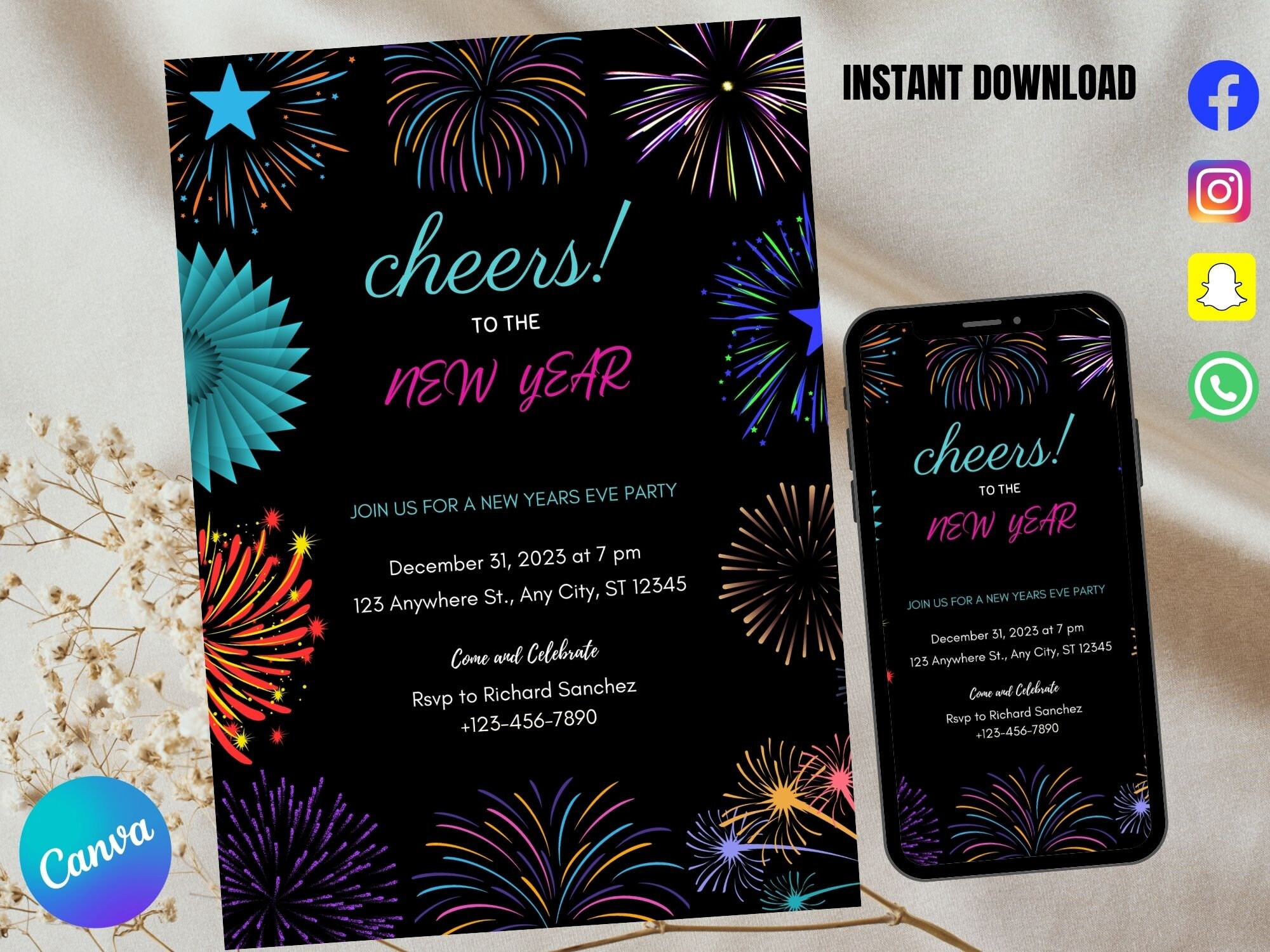 Editable NYE Fireworks Party Invitation Template, Cheers to the New ...
